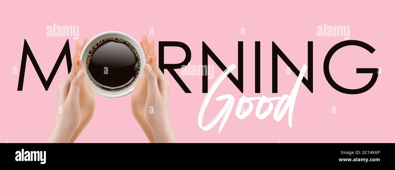 Morning coffee for two. Top view of coffee cup in couple hands. Good ...