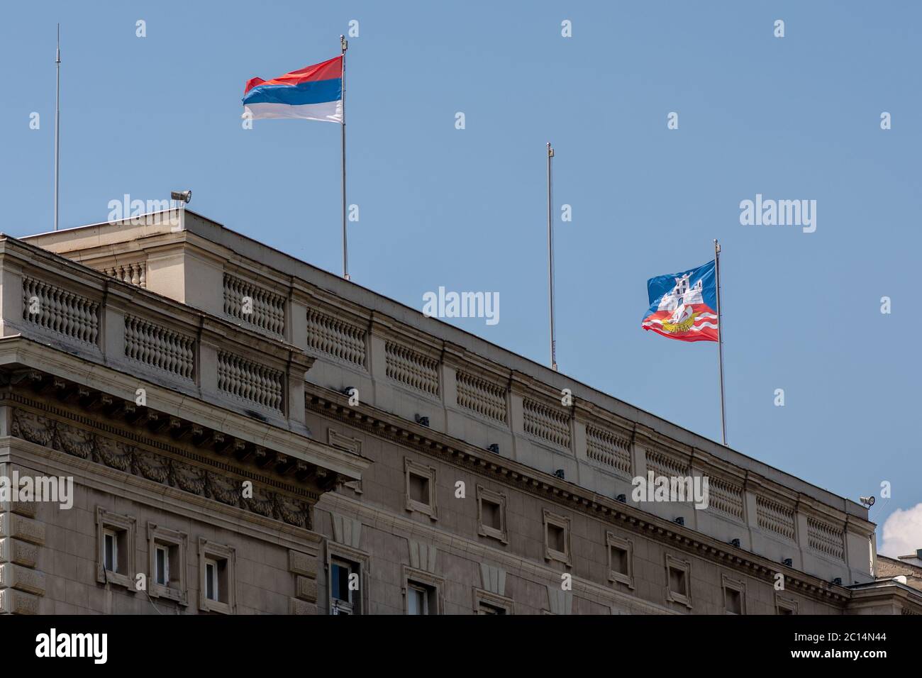 The City Assembly of Belgrade, capital of Serbia, with flags of Serbia ...