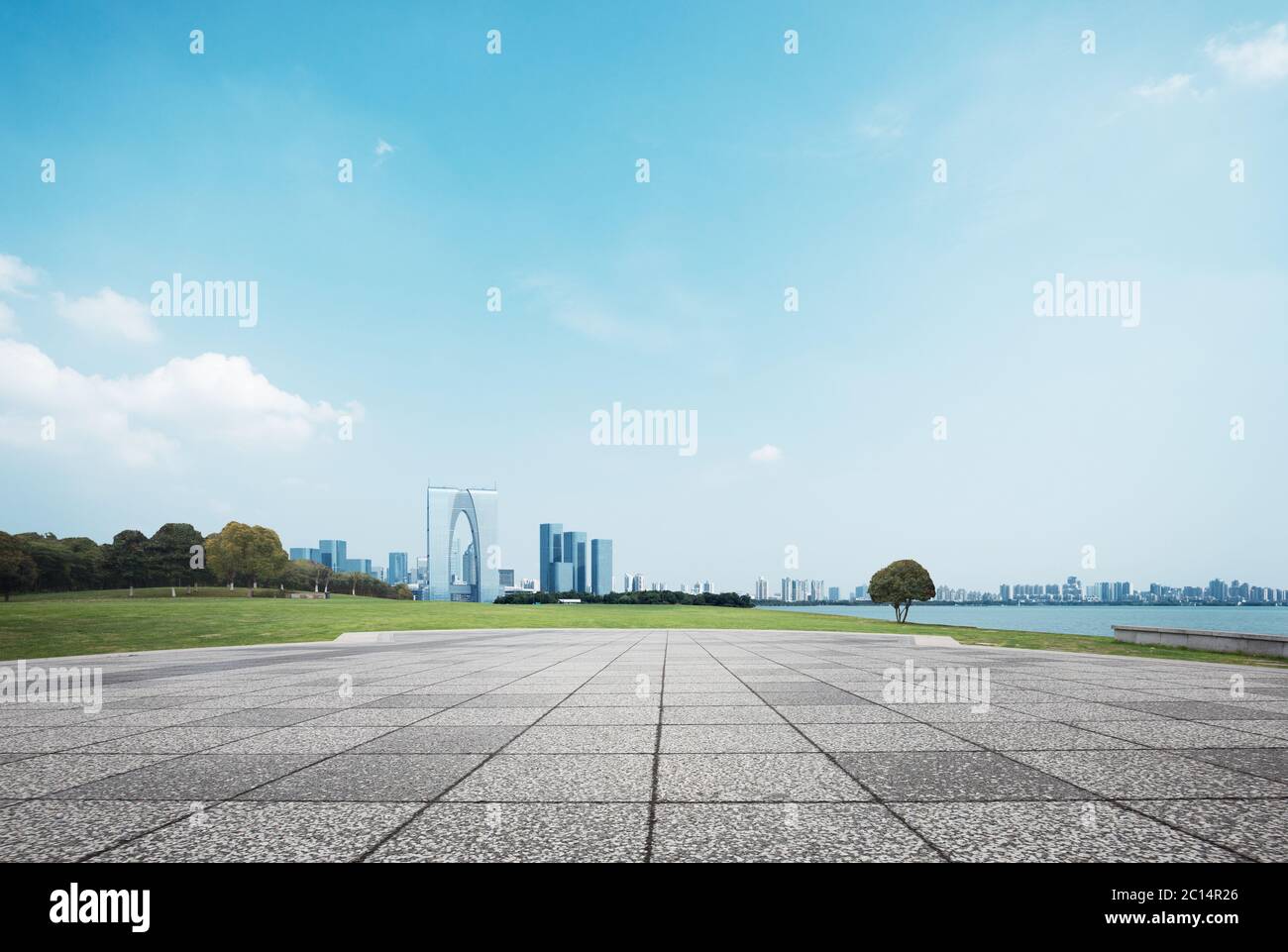 empty brick floor and cityscape of modern city Stock Photo - Alamy