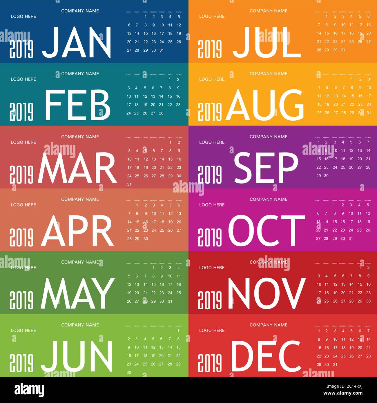 calendar for year 2019 in colorful illustration Stock Vector Image ...