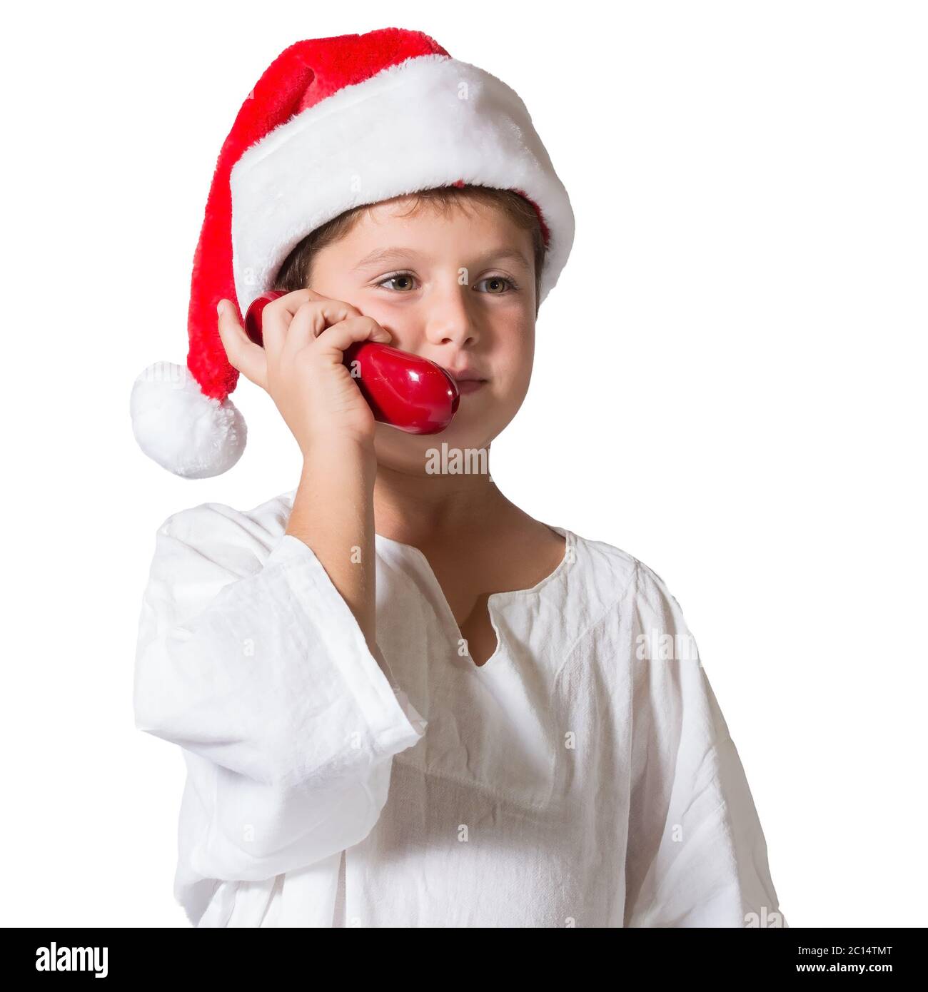 The seven year old boy talking on red phone Stock Photo - Alamy