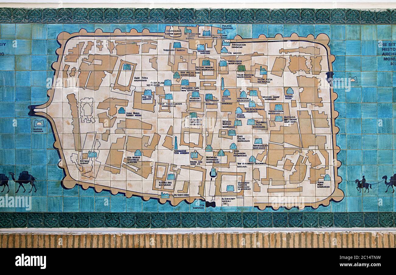 KHIVA, UZBEKISTAN - MAY 01, 2014: The map of Khiva on the ceramic tiles ...