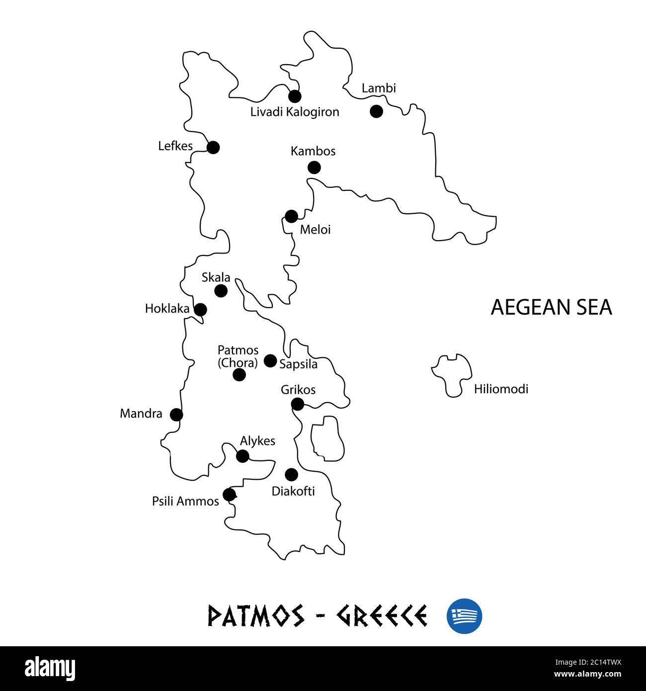 Island of Patmos in Greece map art on white background Stock Vector ...