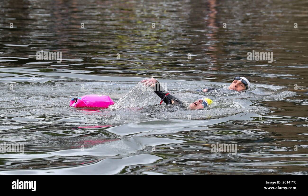 London, UK. 14 June 2020 Open water swimmers, Stuart Leigh & Fiona ...