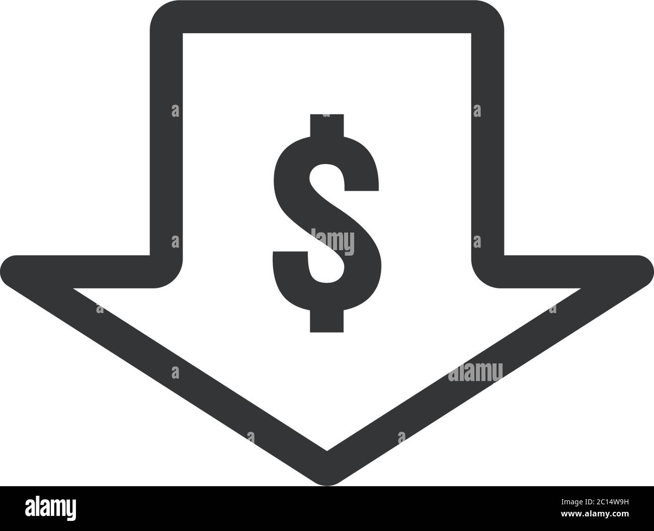dollar arrow decrease icon. Money arrow symbol. economy stretching rising drop fall down ...