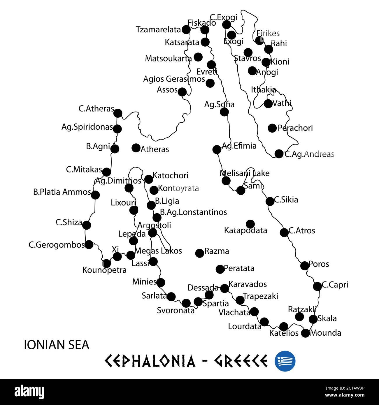 Island of Cephalonia in Greece map art on white background Stock Vector ...