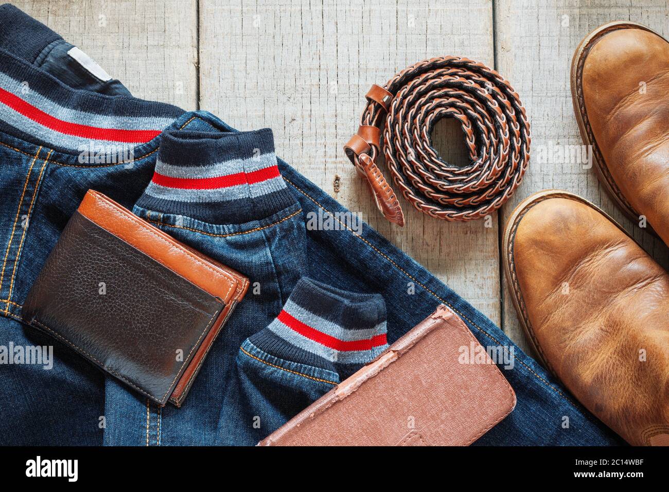 Denim and accessories on wooden Stock Photo - Alamy