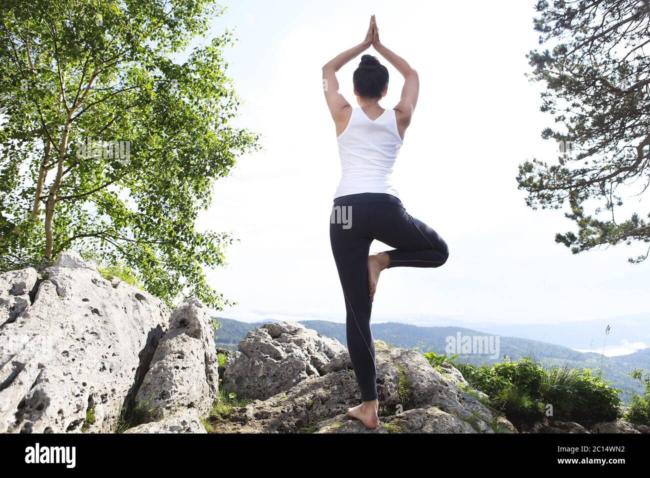 Attractive young woman doing a yoga pose for balance and stretching ...