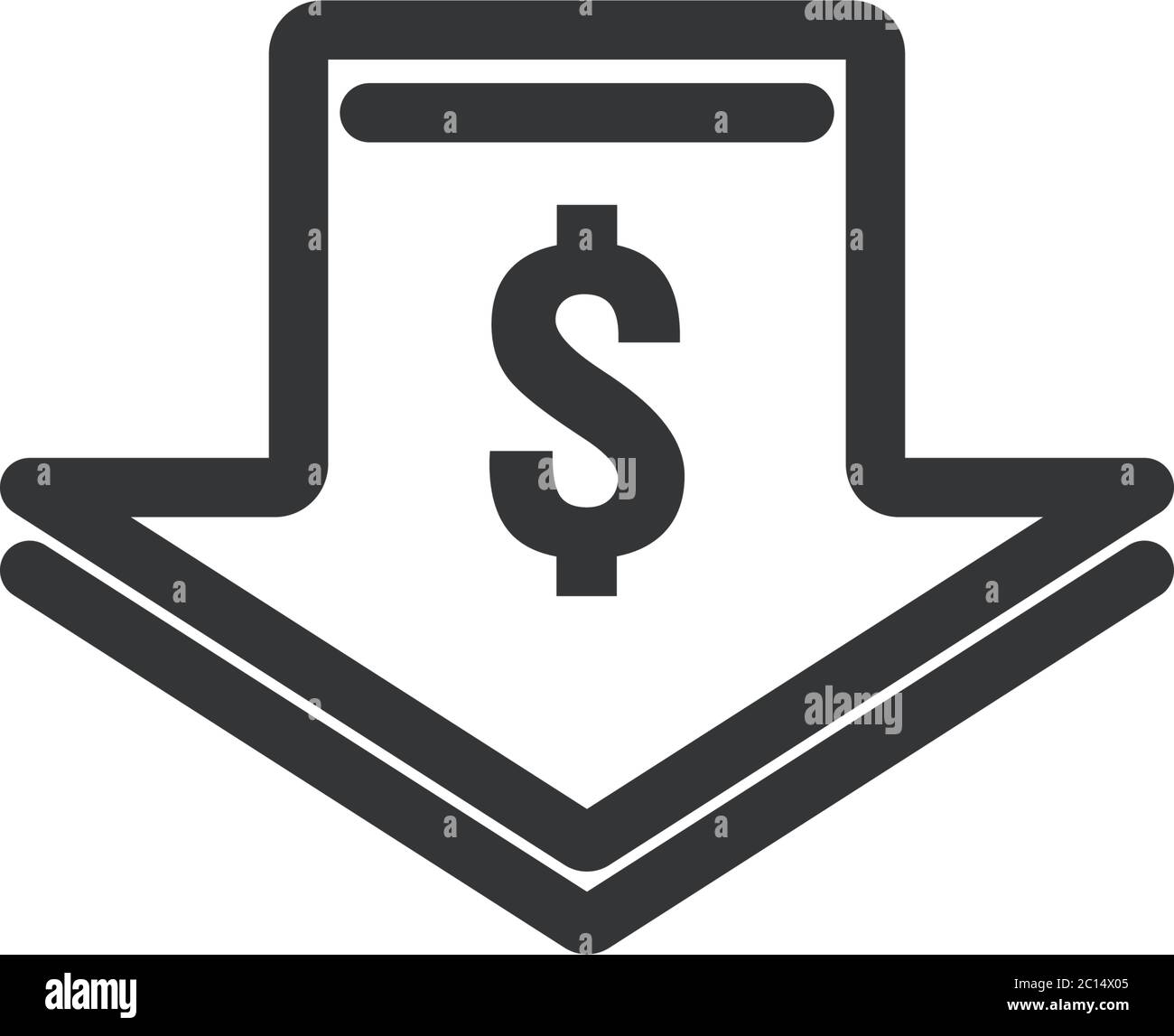 dollar arrow decrease icon. Money arrow symbol. economy stretching rising drop fall down ...