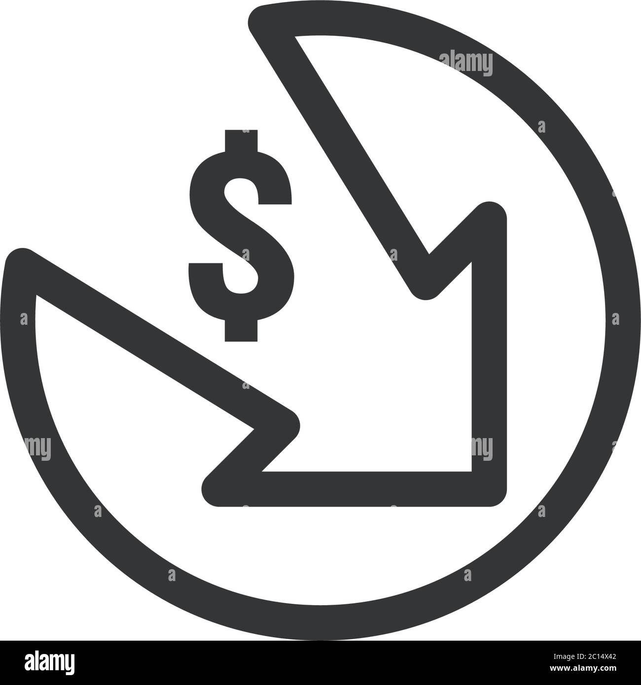 dollar arrow decrease icon. Money arrow symbol. economy stretching rising drop fall down ...