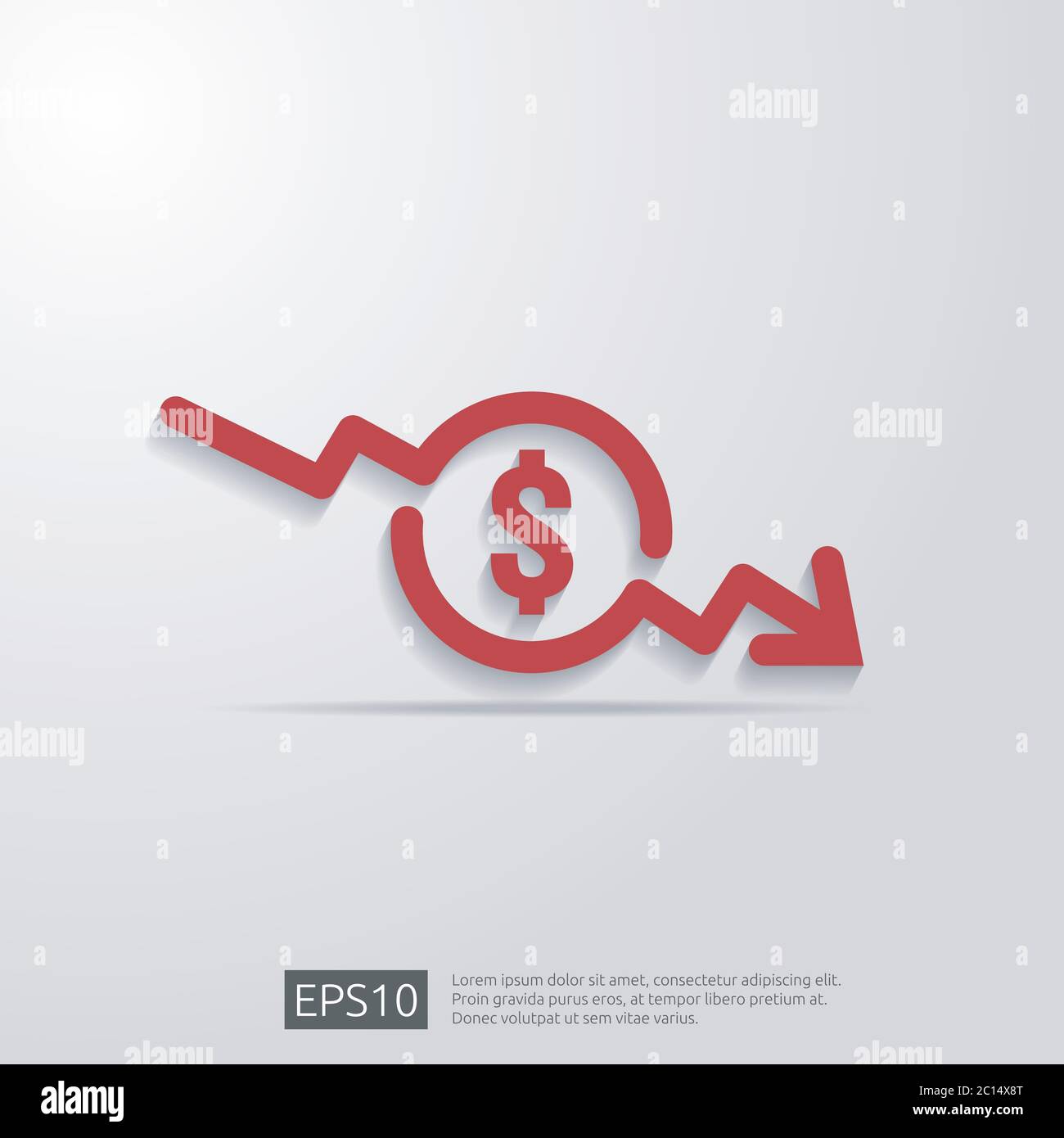 dollar arrow decrease icon. Money arrow symbol. economy stretching rising drop fall down ...