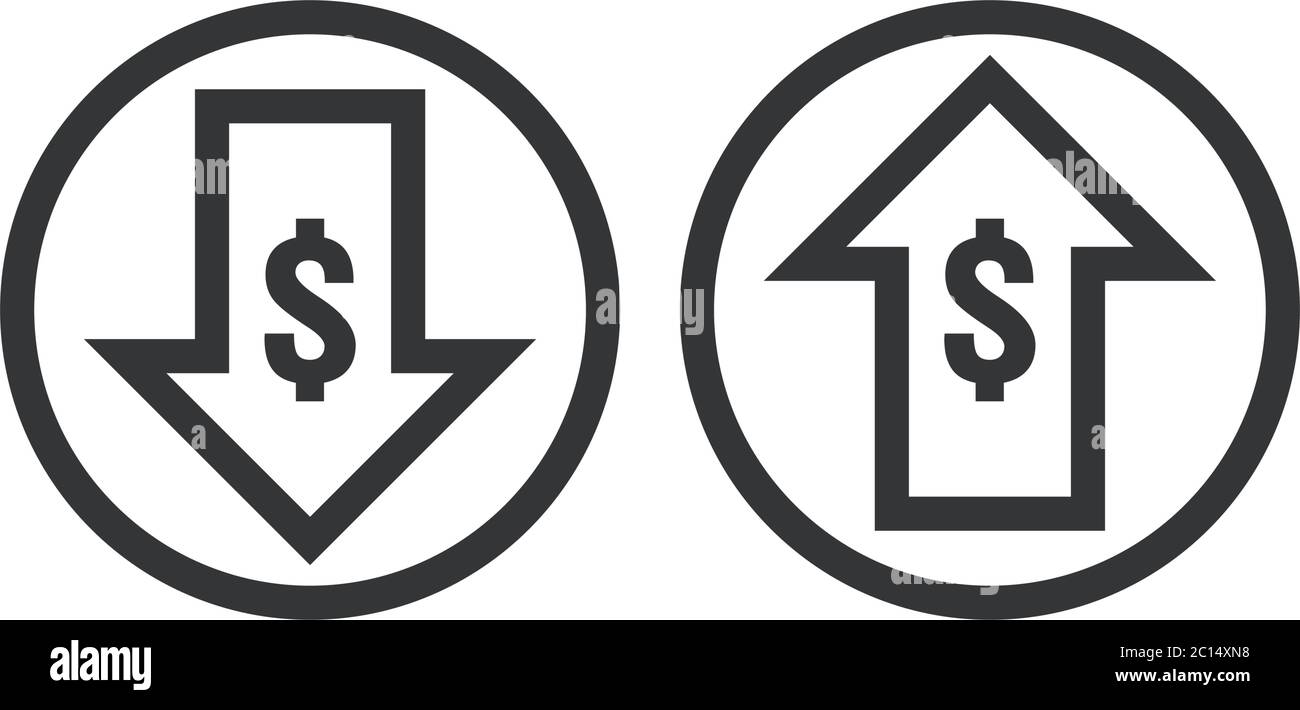 dollar increase decrease icon. Money symbol with arrow stretching rising up and drop fall down ...