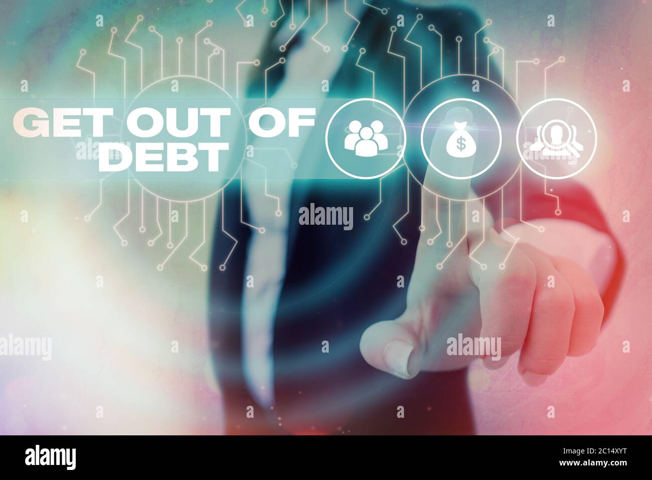Writing note showing Get Out Of Debt. Business concept for changing ...