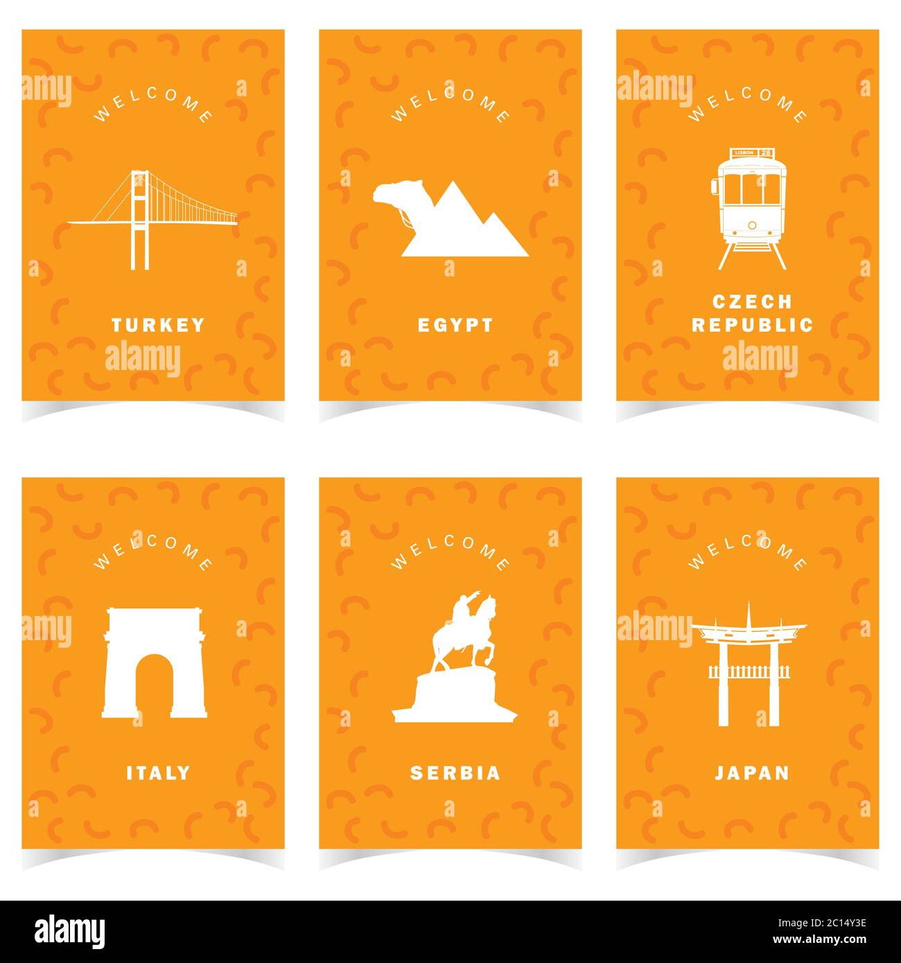 poster for travel on orange background set three art illustration Stock ...
