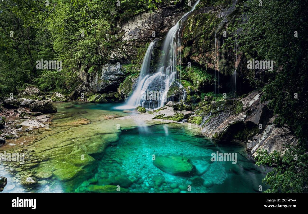Crystal clear water. A small pond with waterfalls in the middle of the ...