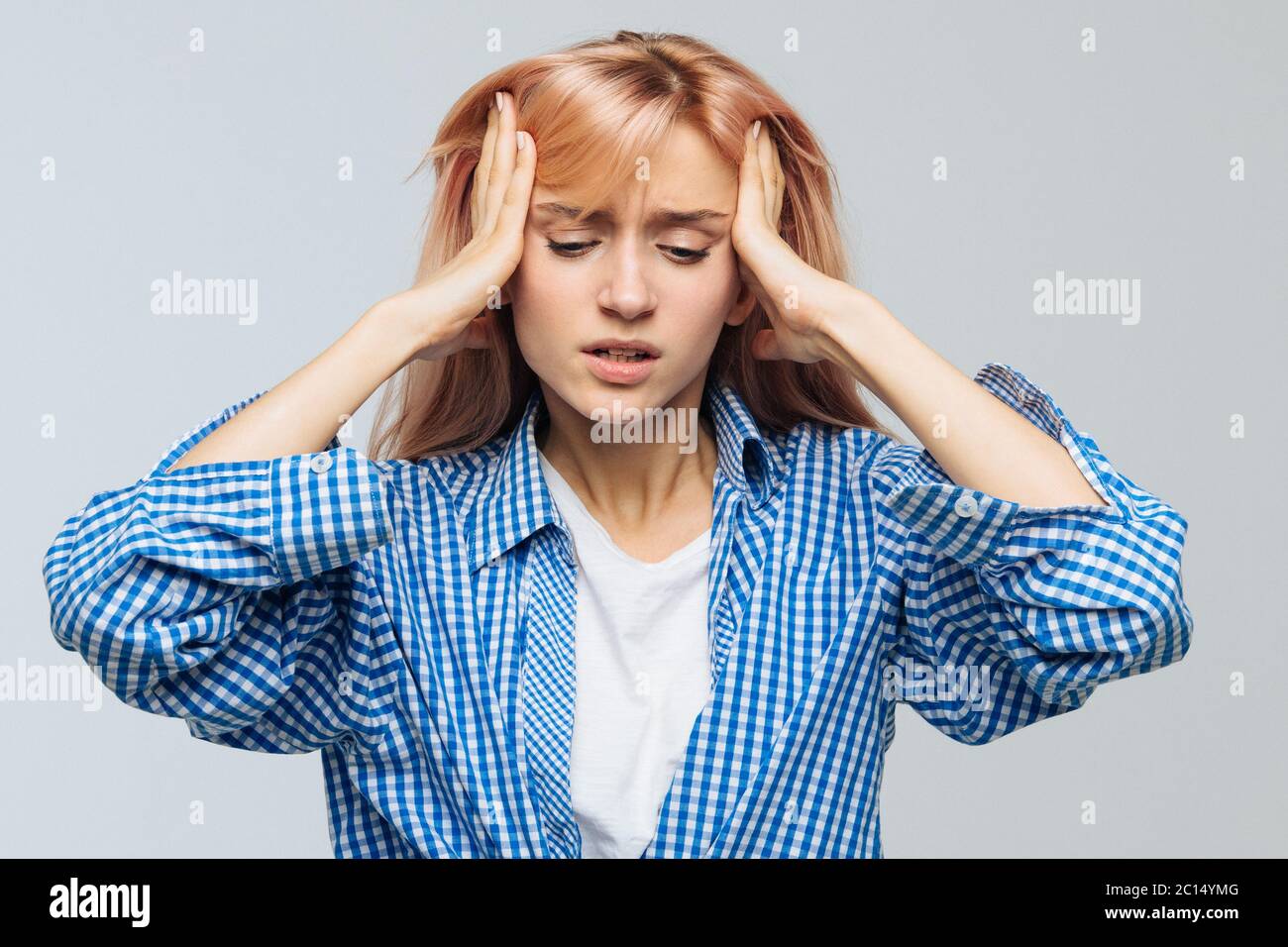 Pressure, strong migraine, feeling dizzy, nerves concept. Portrait of ...