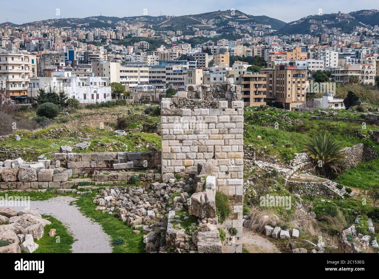 Aerial view of archaeological site and city from a crusader castle in ...