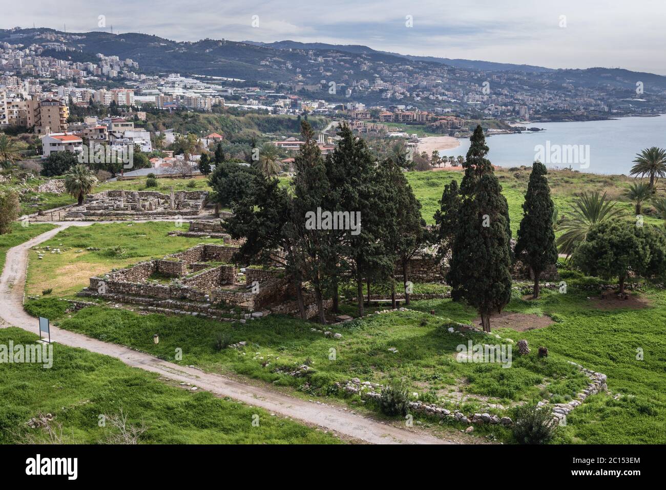 Aerial view of archaeological site and city from a crusader castle in ...