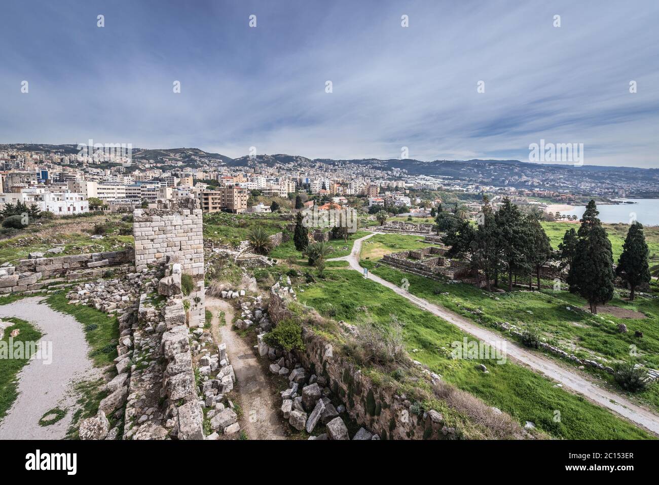 Aerial view of archaeological site and city from a crusader castle in ...
