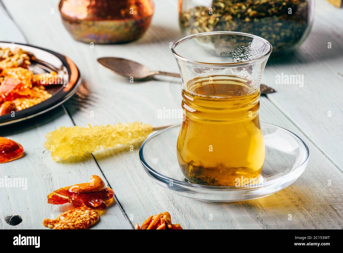Tea in armudu with oriental delights Stock Photo - Alamy