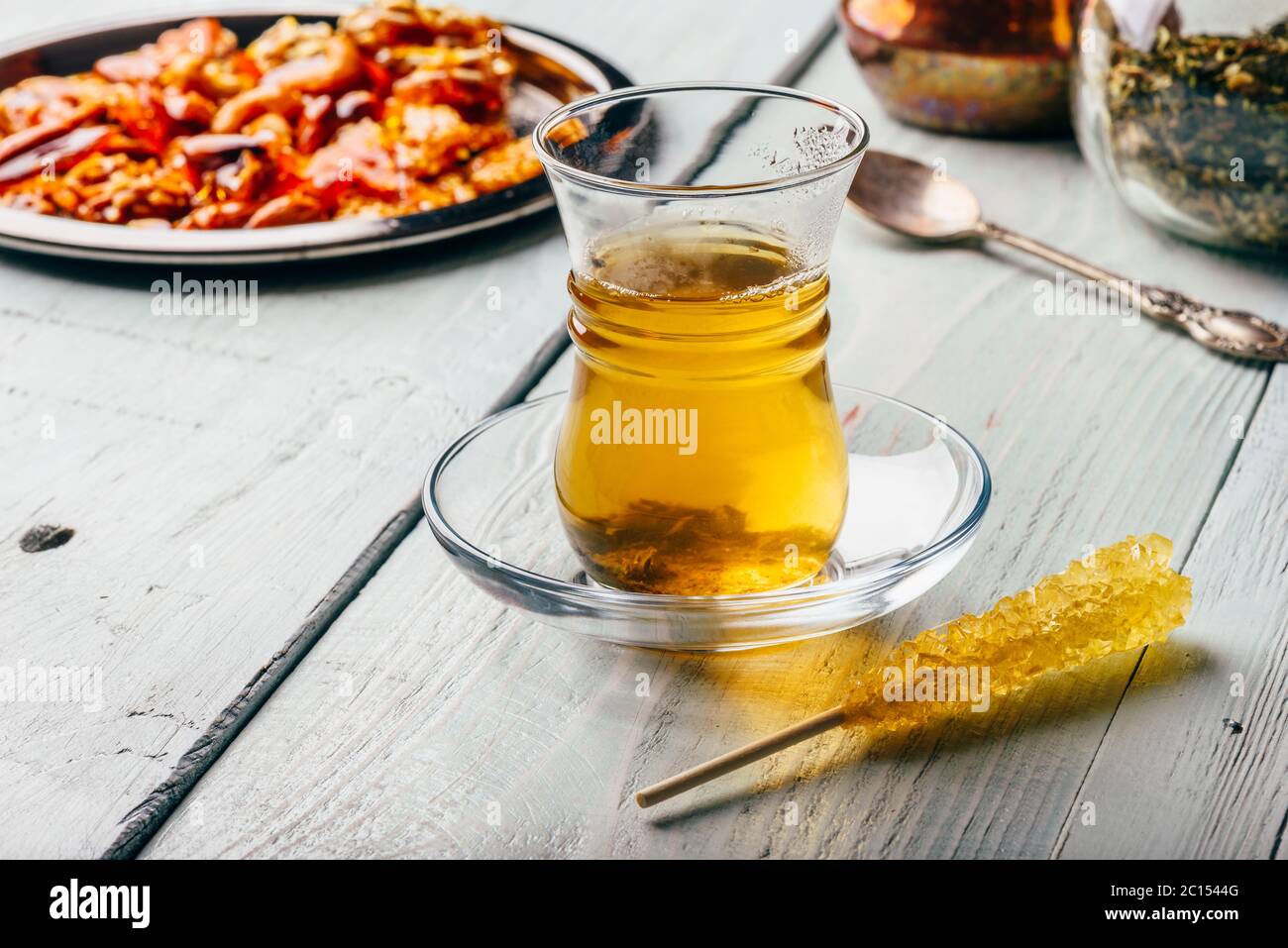 Tea in armudu with oriental delights Stock Photo - Alamy