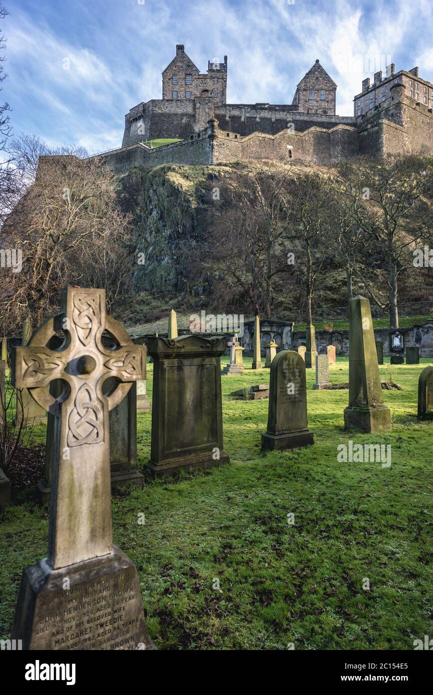 Cemetery of Parish Church of St Cuthbert and castle in Edinburgh, the ...