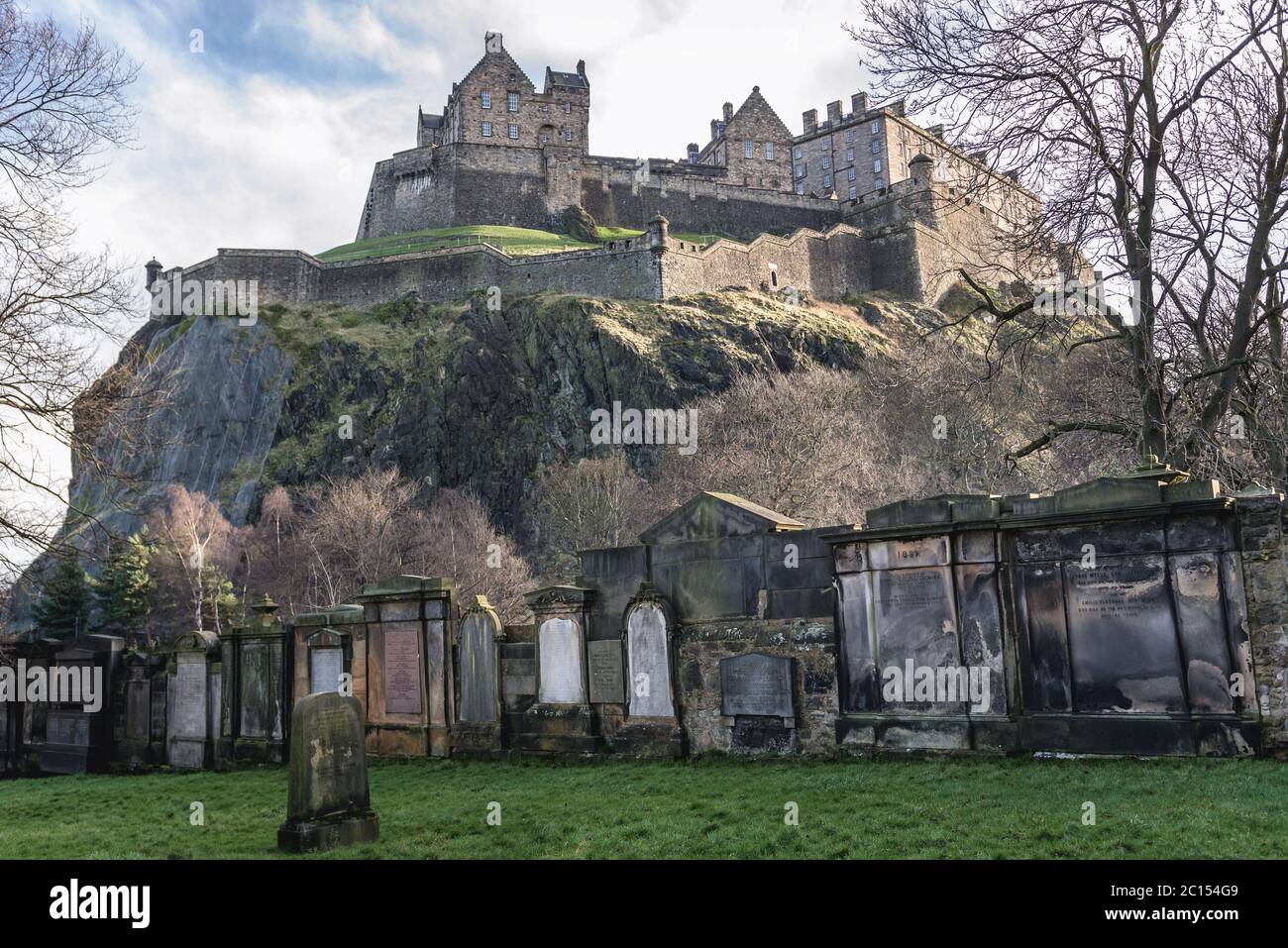 Cemetery of Parish Church of St Cuthbert and castle in Edinburgh, the ...