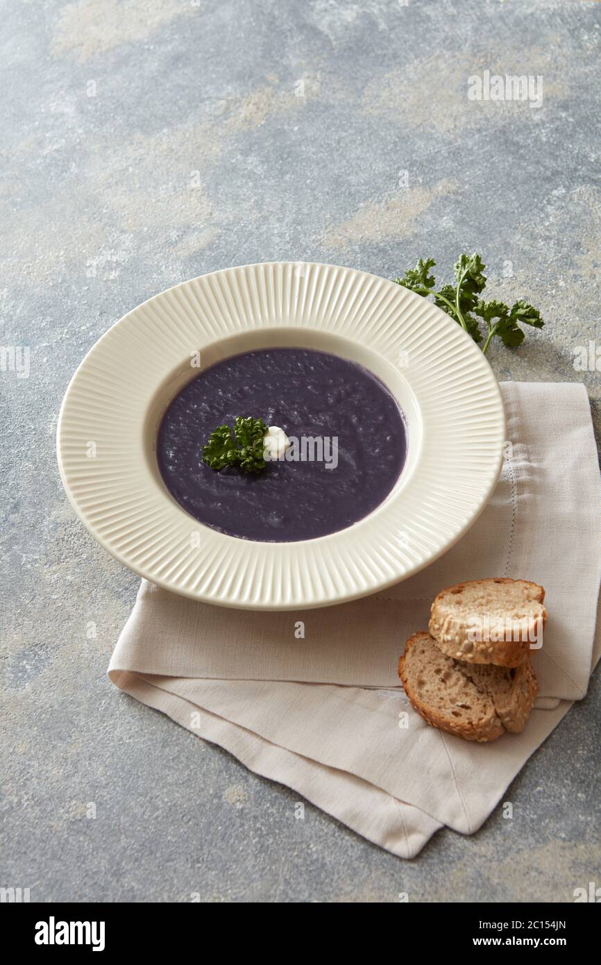 Vegan soup on table Stock Photo - Alamy