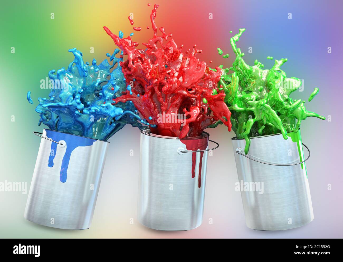 3d illustration of different colors splashing from paint buckets Stock ...