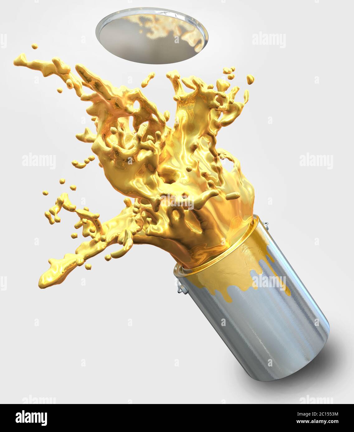 3d illustration of golden paint busting from a paint buckets Stock ...