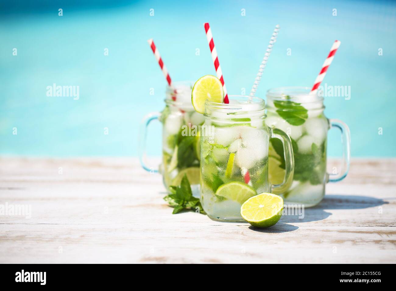 Glasses of lime lemonade near pool Stock Photo - Alamy