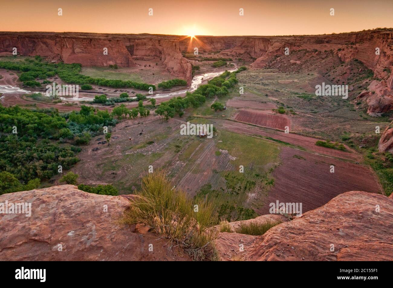 Agricultural fields at Canyon de Chelly from Tsegi Overlook at sunrise ...
