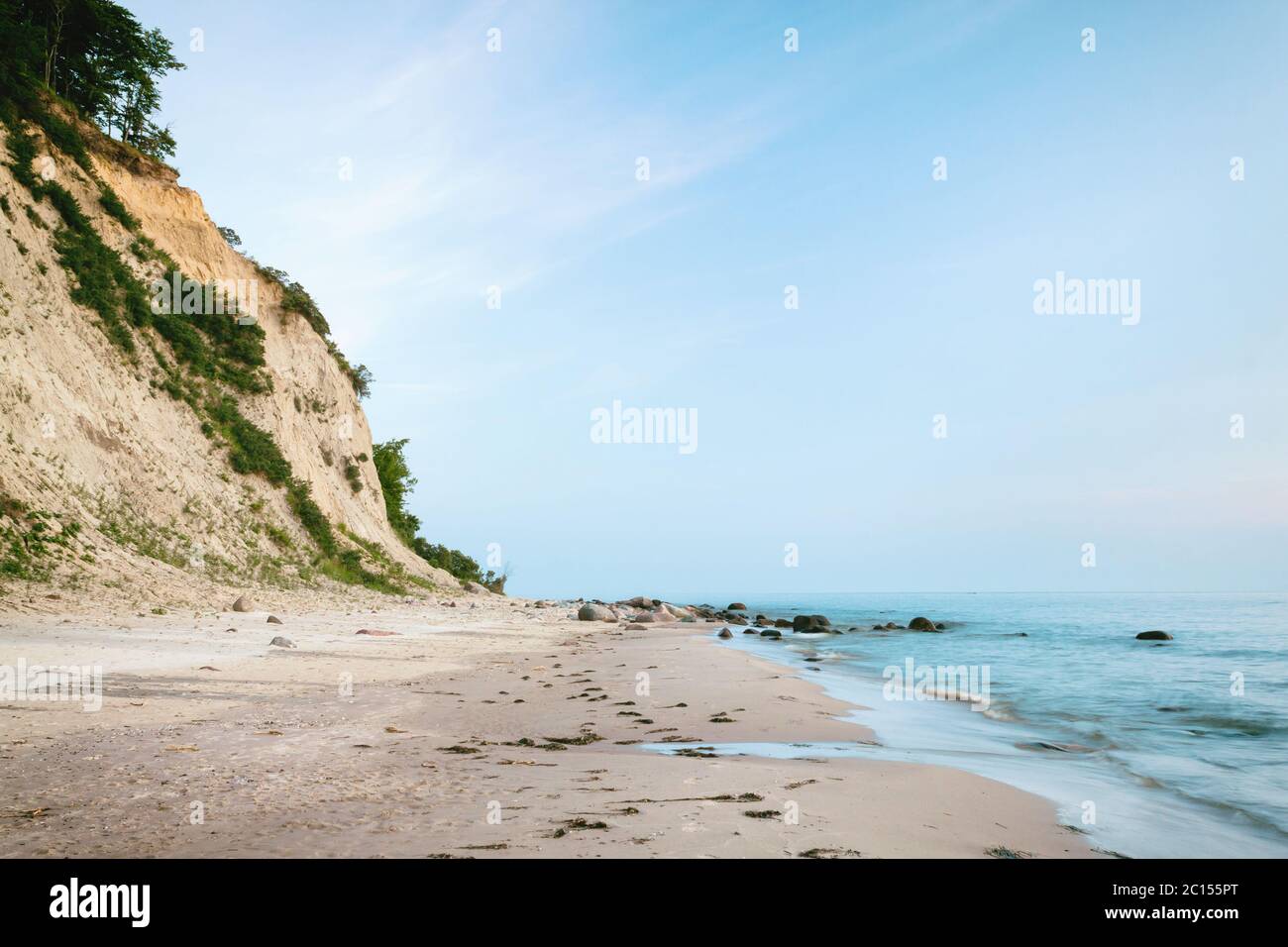 Beautiful sandy beach landscape with blue sky background. Copy space ...