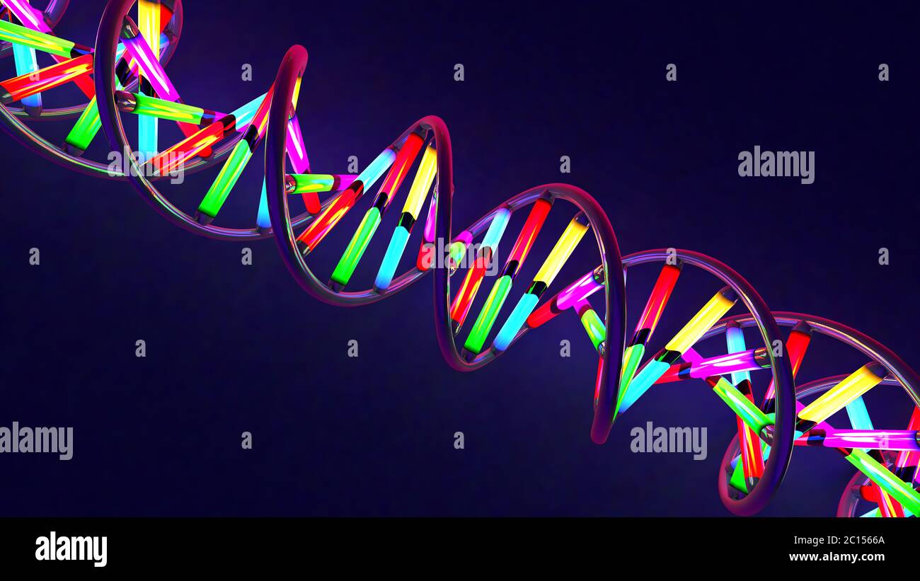 3d illustration of a multicolored neon light-like twisted DNA strand ...
