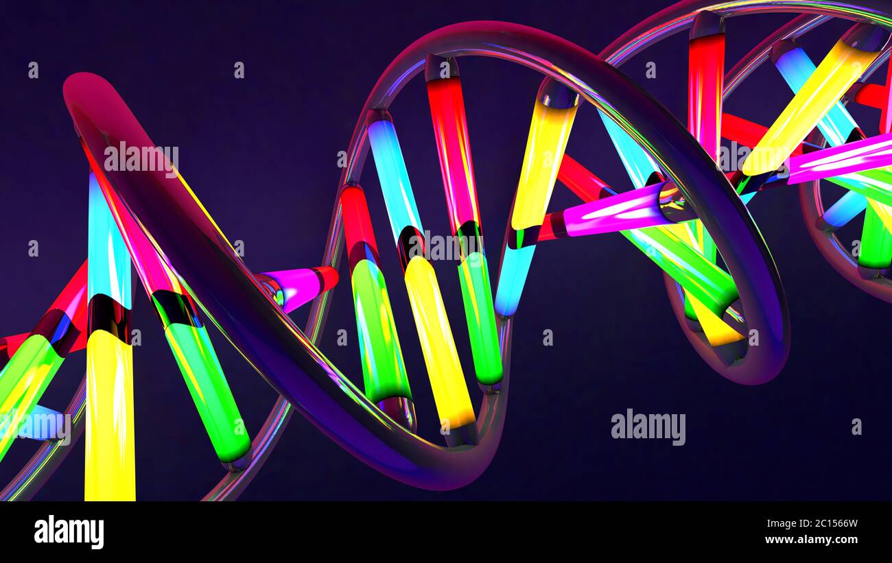 3d illustration of a multicolored neon light-like twisted DNA strand ...