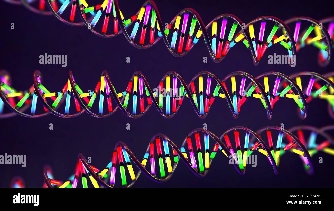 3d illustration of a multicolored neon light-like twisted DNA strand ...