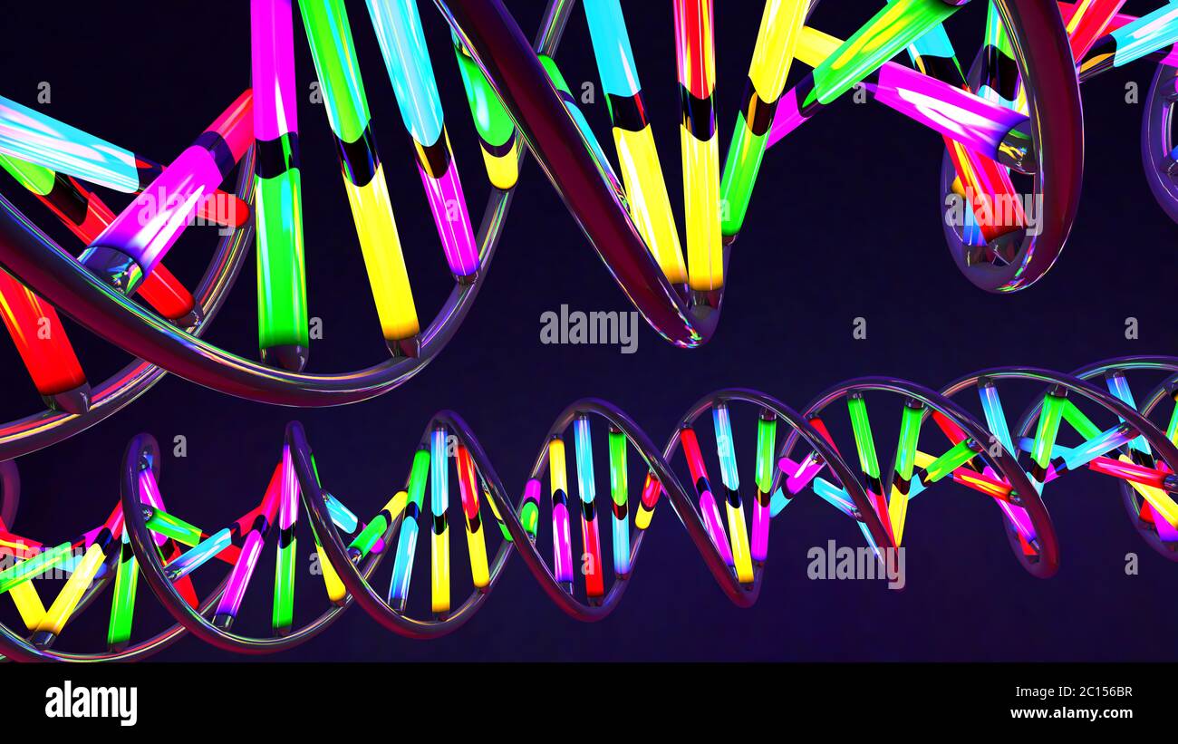 3d illustration of a multicolored neon light-like twisted DNA strand ...