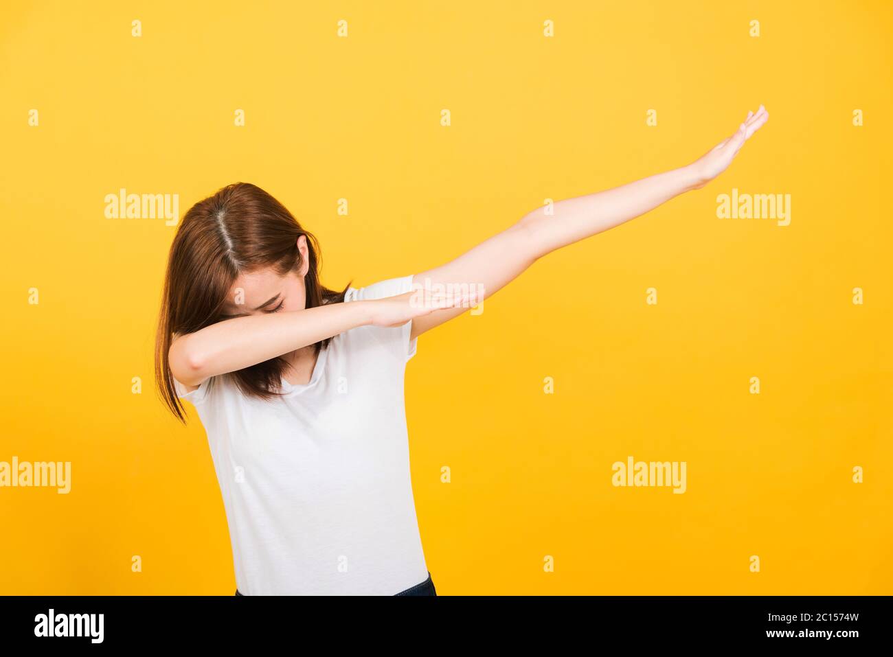 Asian happy portrait beautiful cute young woman teen smile standing ...