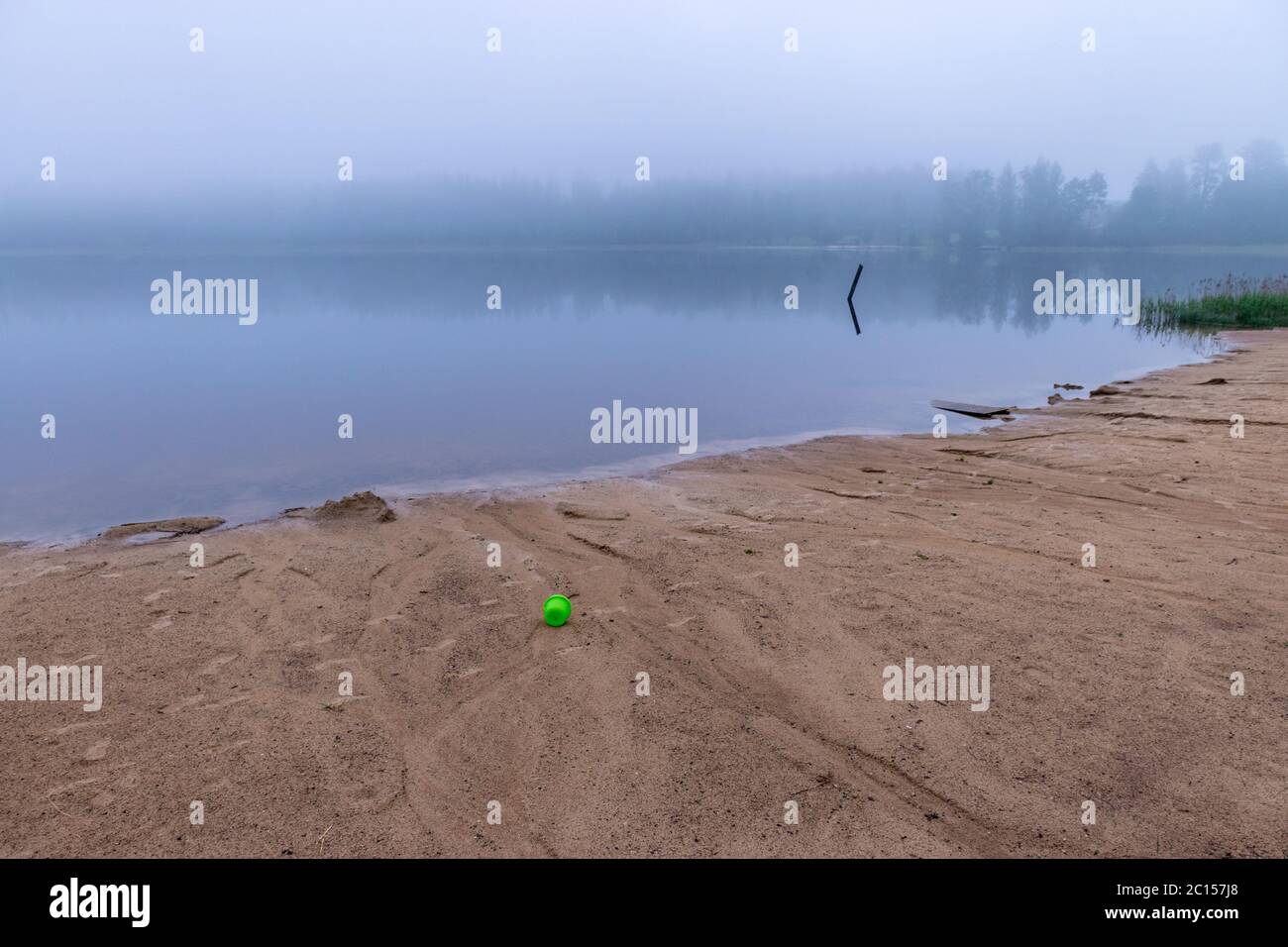 landscape with sandy beach after heavy rain, white fog on the lake ...