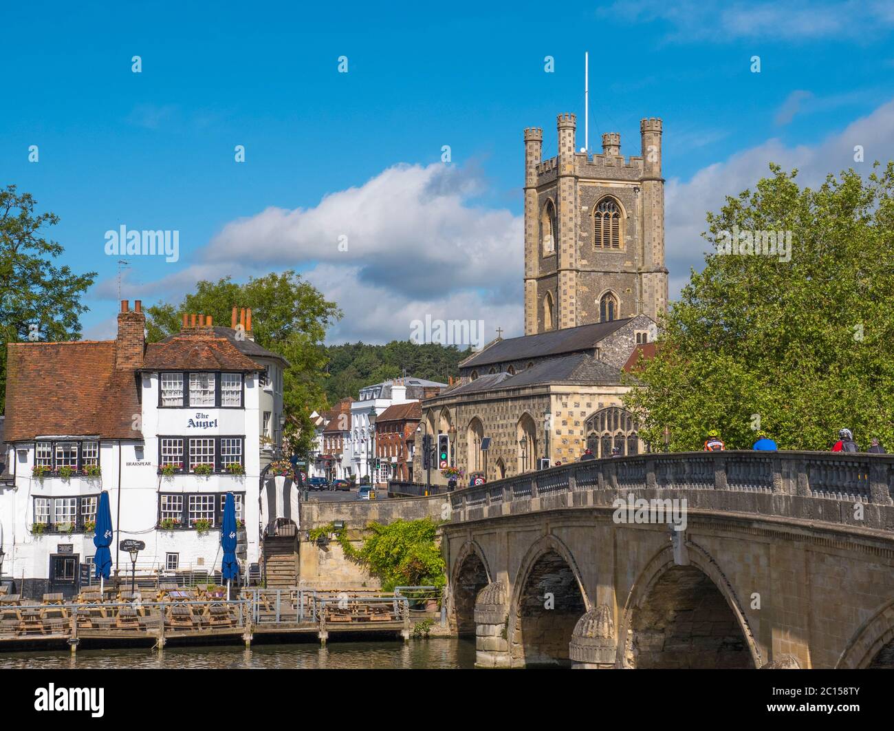 Cyclists on Henley Bridge, and st Marys Church, Henley-on-Thames, River ...
