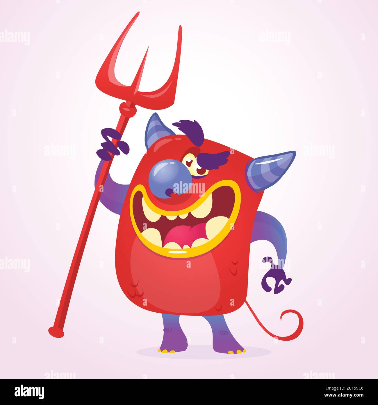 Cartoon funny devil laughing and holding a trident. Vector illustration ...