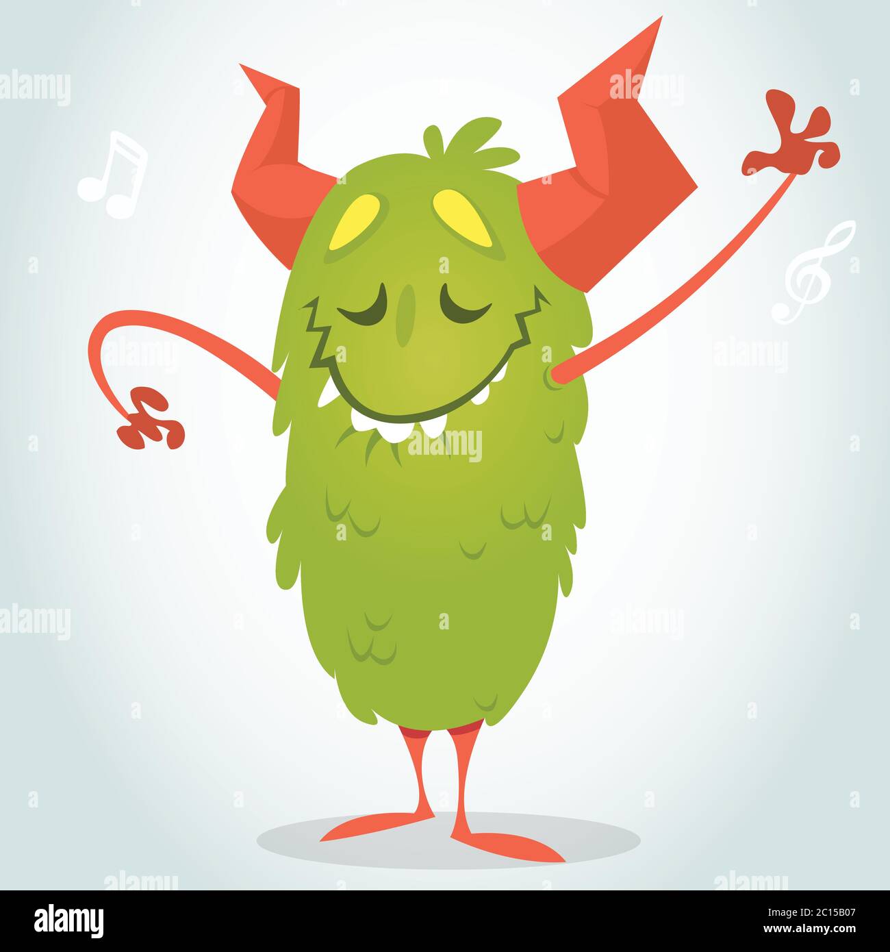 Happy cartoon green and fluffy monster with red horns listens to music ...