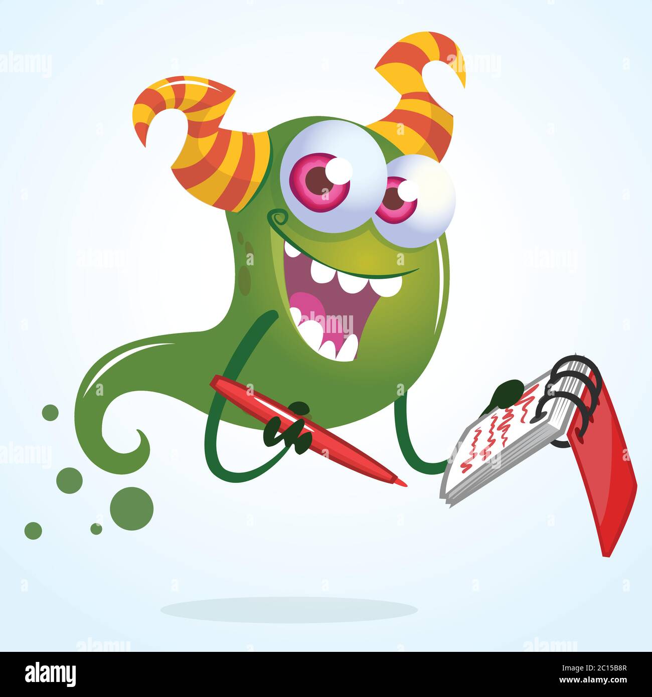 Cute cartoon green horned ghost with pen and notebook. Vector character ...
