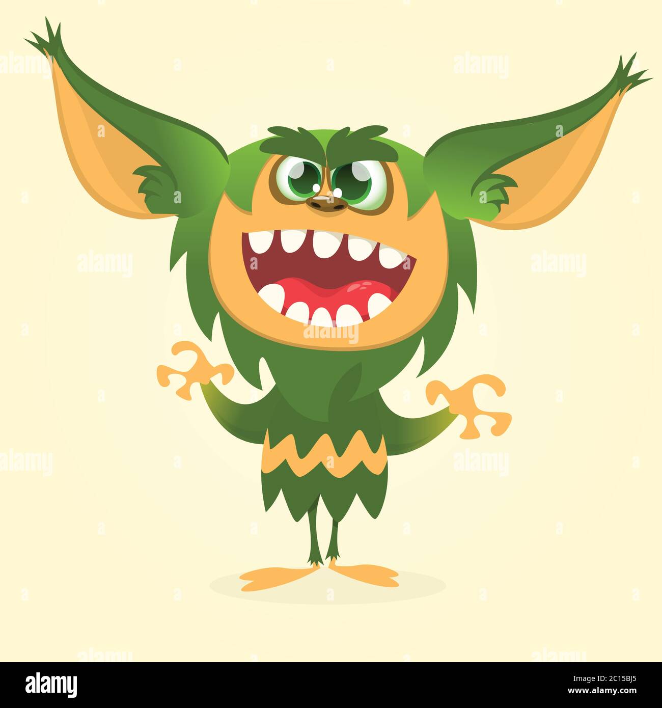 Happy cartoon gremlin monster. Halloween vector goblin or troll with ...