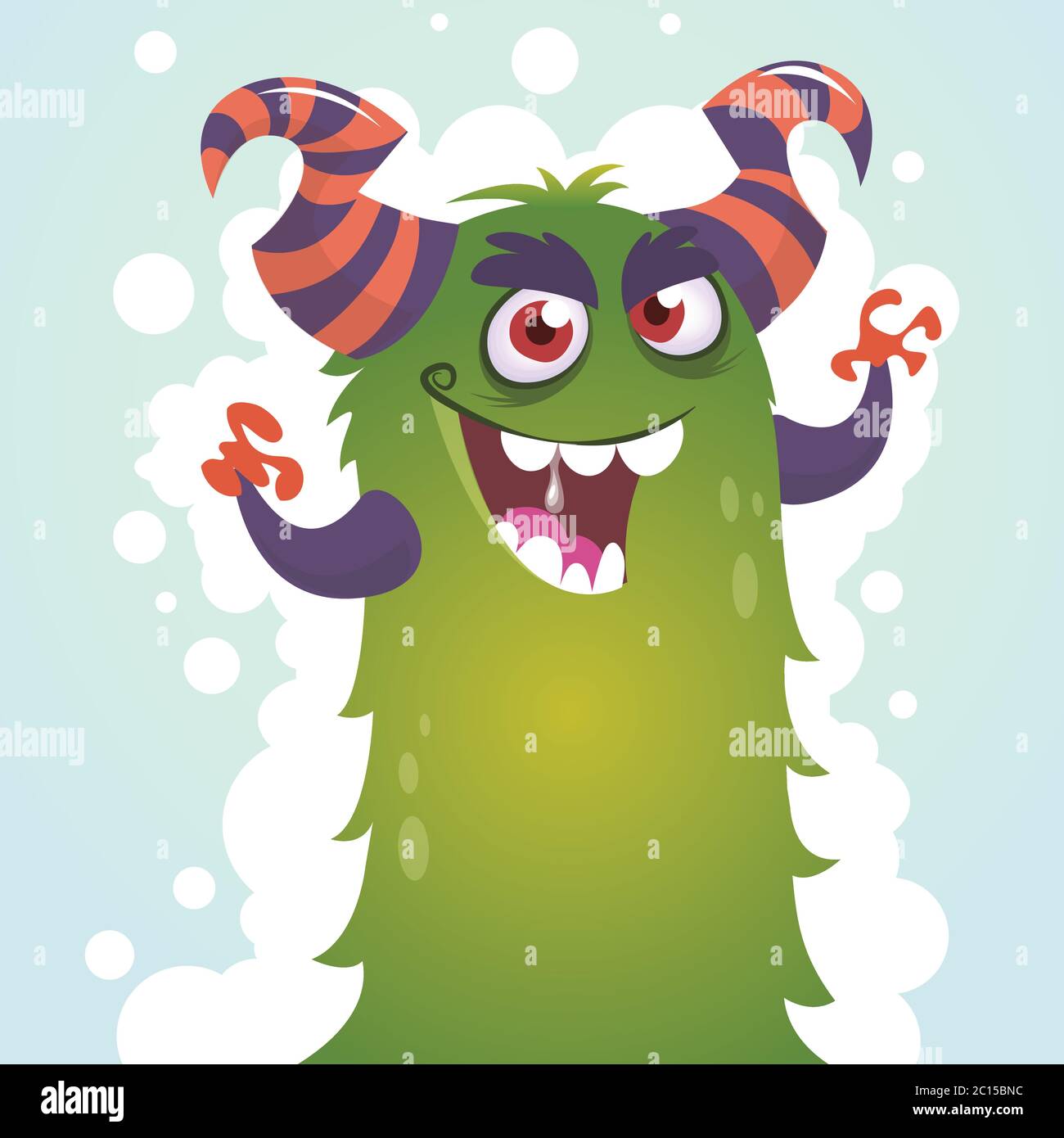 Happy cartoon green and fluffy horned monster. Halloween vector ...