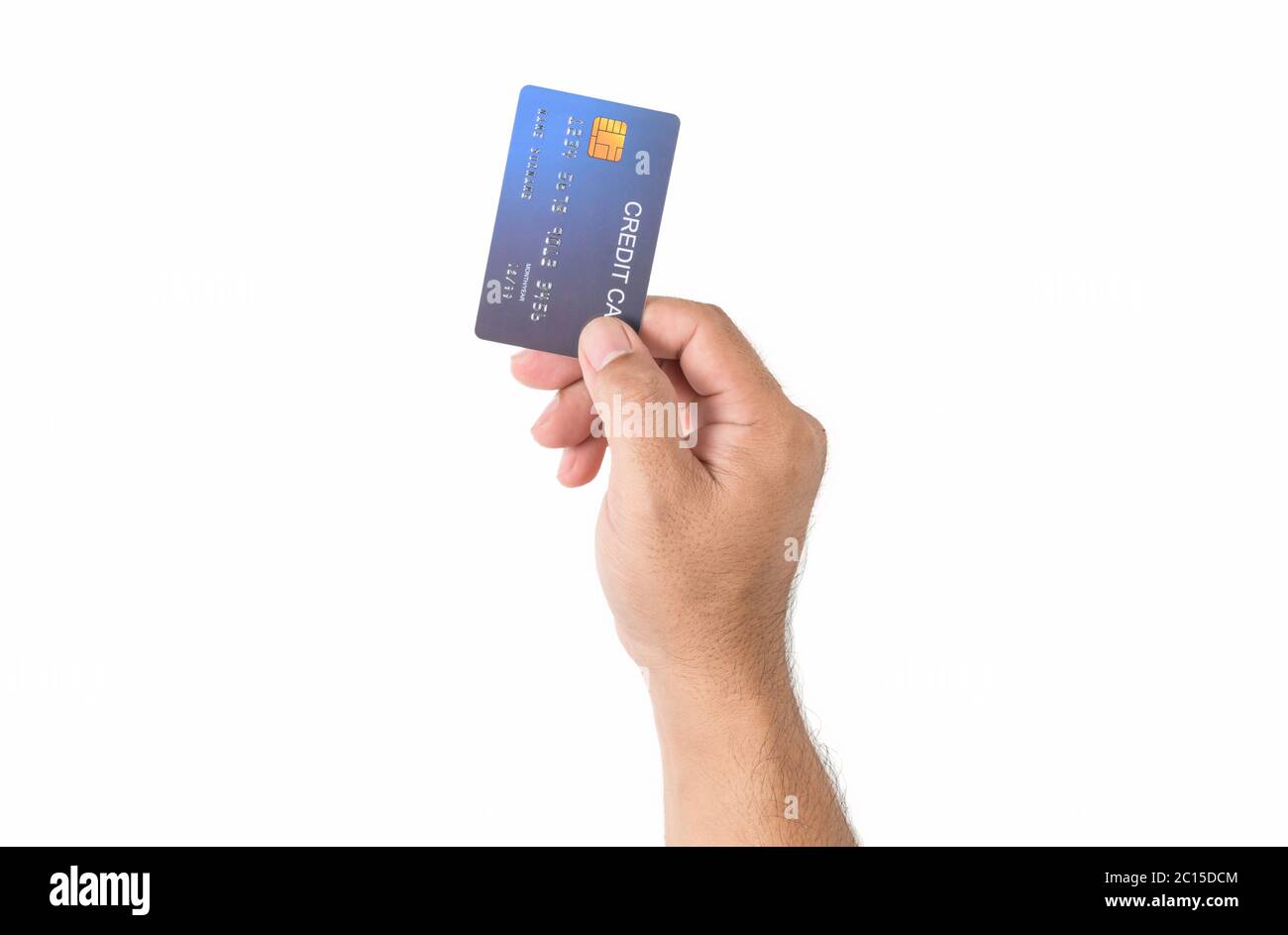 Hand man holding credit card isolated on white with clipping path ...
