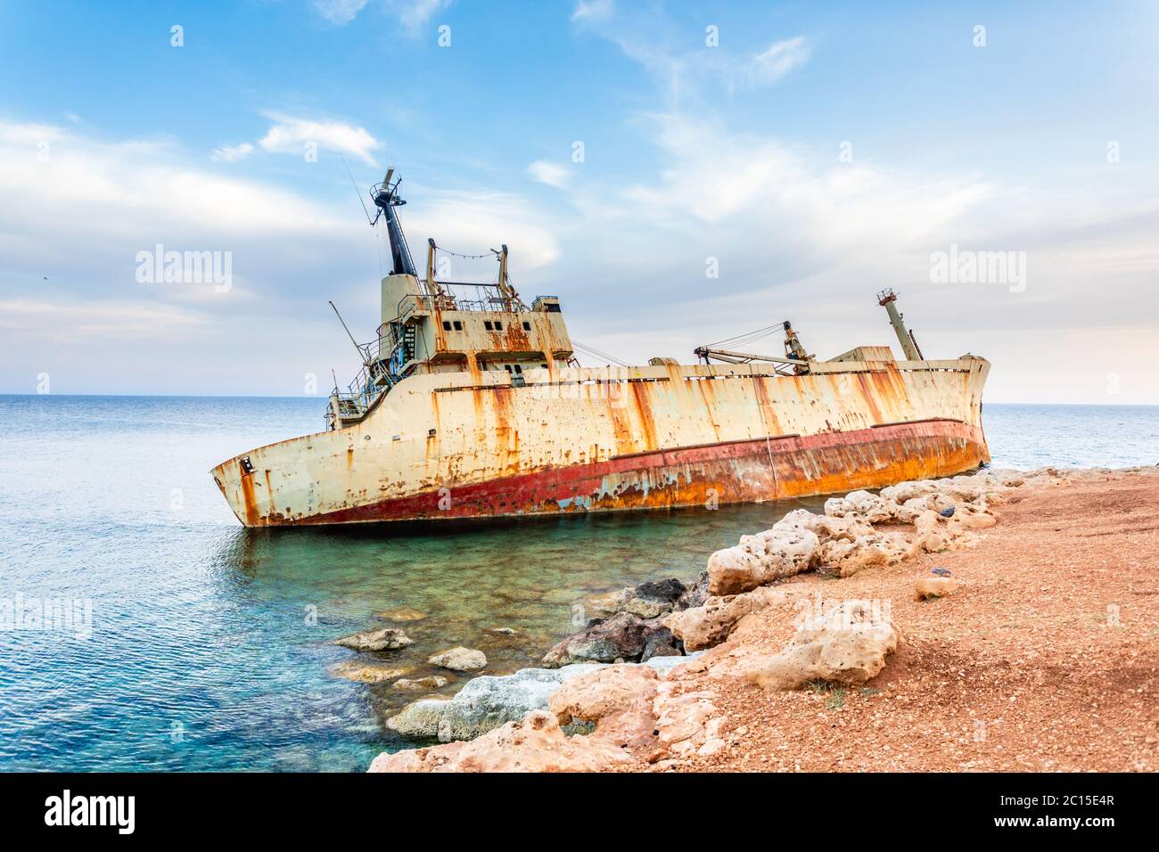 Abandoned rusty ship stranded ashore nearby Peyia village, Paphos ...