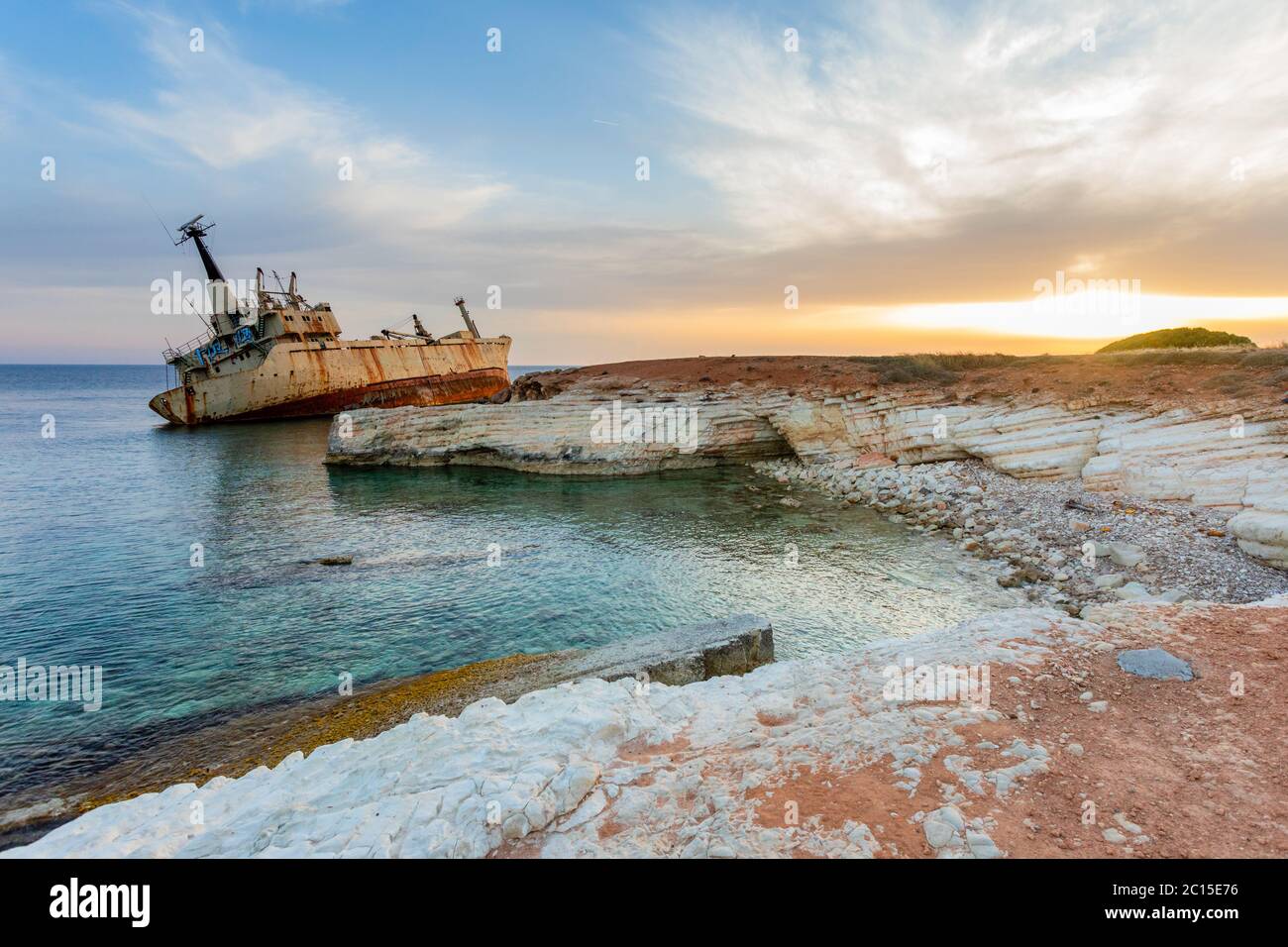 Abandoned rusty ship stranded ashore nearby Peyia village, Paphos ...