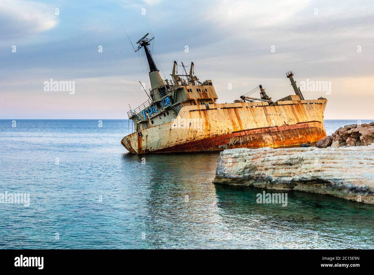Abandoned rusty ship stranded ashore nearby Peyia village, Paphos ...