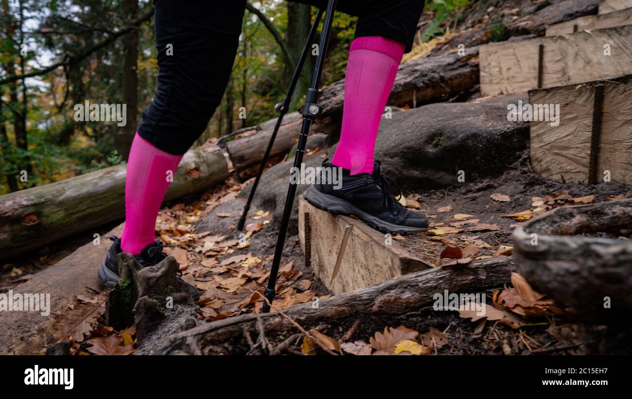 Tourist hiking mountain trail, walking on sandstone rocky hill, using ...